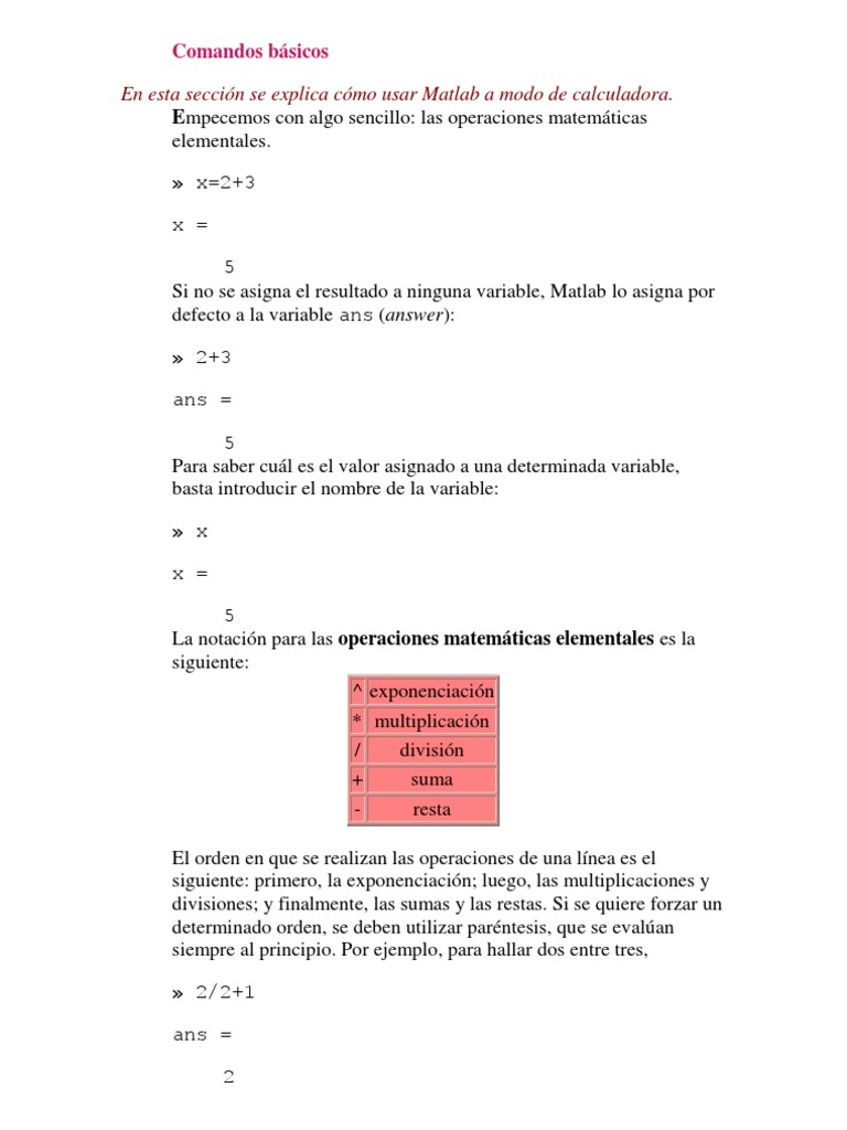Comandos Básicos De Matlab Pdf Matriz Matemáticas Programa De