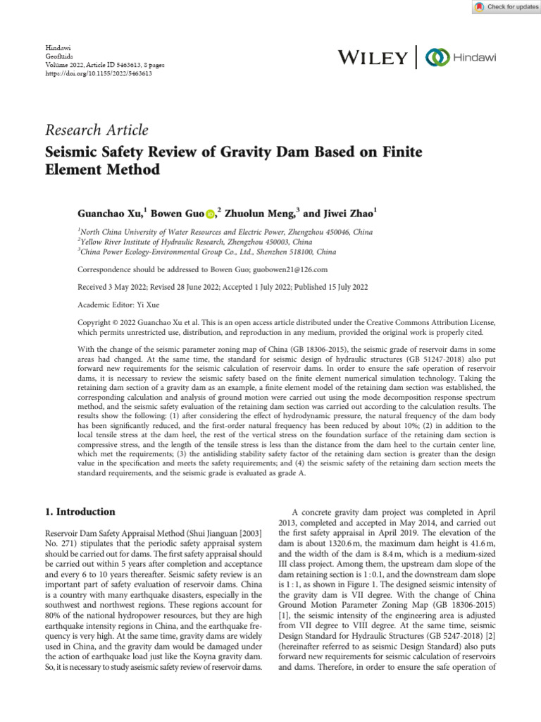 Geofluids - 2022 - Xu - Seismic Safety Review of Gravity Dam Based on Finite Element Method ...