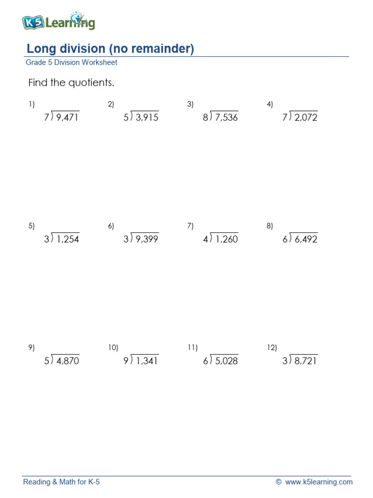 Grade 5 Long Division 4x1 Digit No Remainder C | PDF
