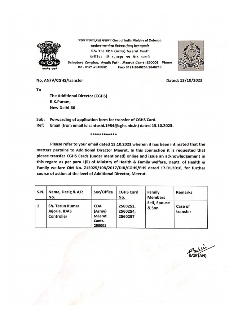 Application For Transfer of CGHS Card-1 | PDF