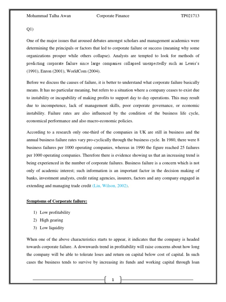 Corporate Failure (Assignment) | PDF | Financial Crisis Of 2007–2008 ...