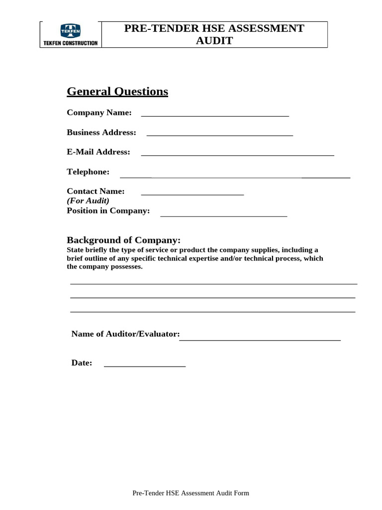 Subcontractor HSE Assessment Audit Questionnaire | PDF | Occupational ...
