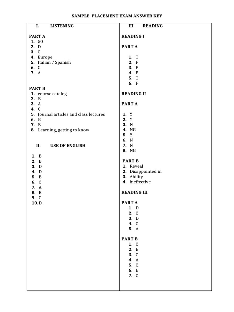 Sample Placement Exam Answer Key | PDF
