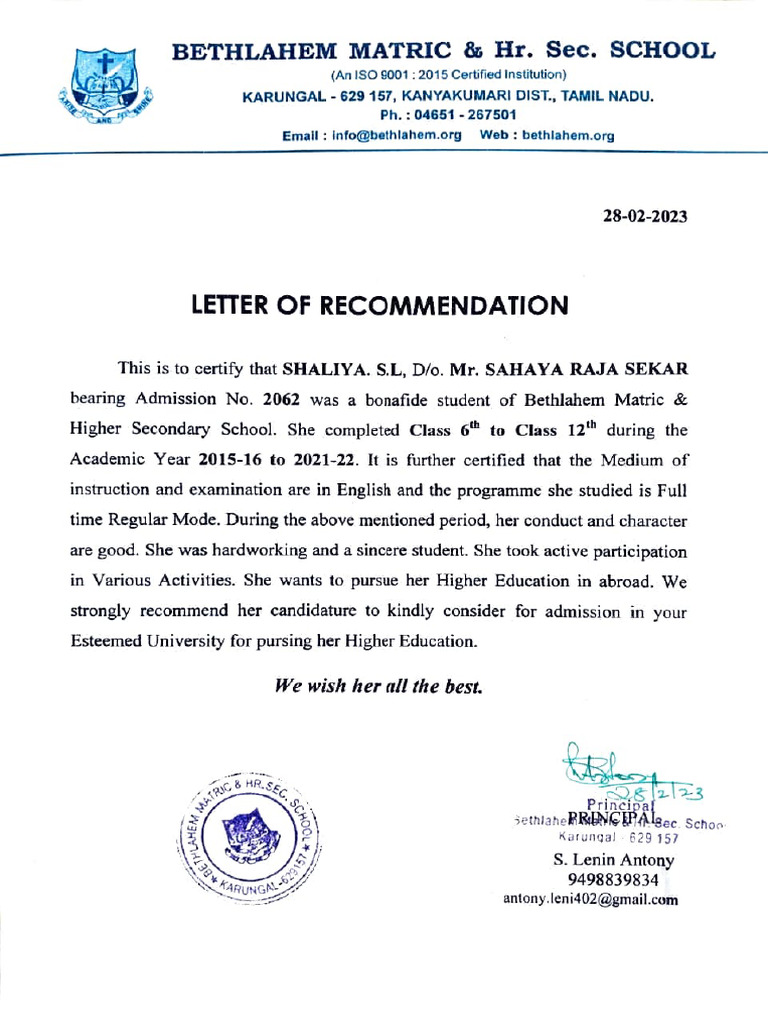 Letter of Recommendation From School Principal | PDF