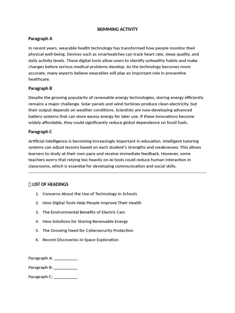 Matching Heading Activity | PDF