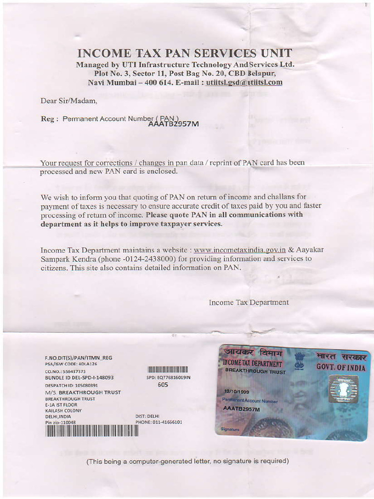 PAN Card Breakthrough Trust | PDF