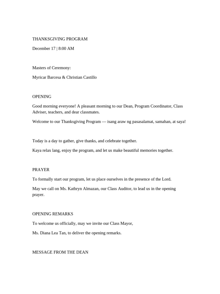 Thanksgiving Program Agenda and Highlights | PDF