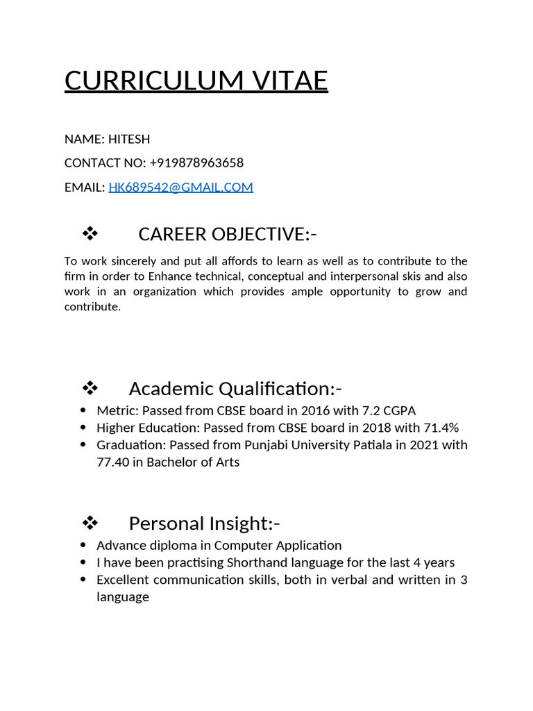 Hitesh's Professional CV Summary | PDF