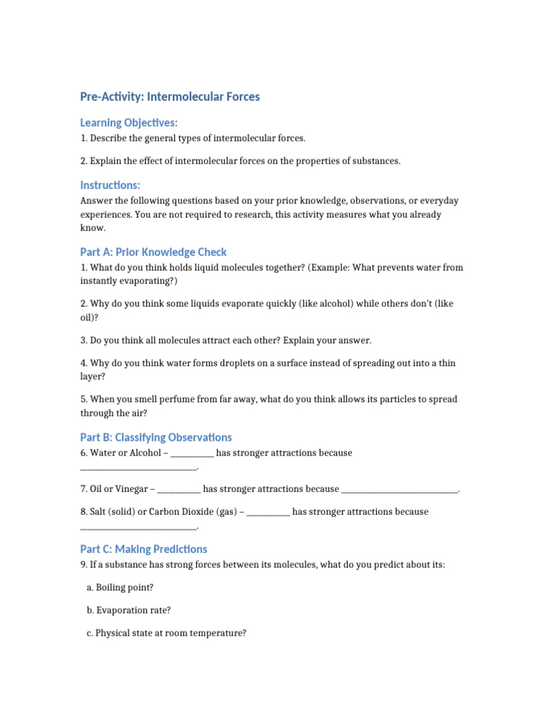 Intermolecular Forces Pre Activity-1 | PDF