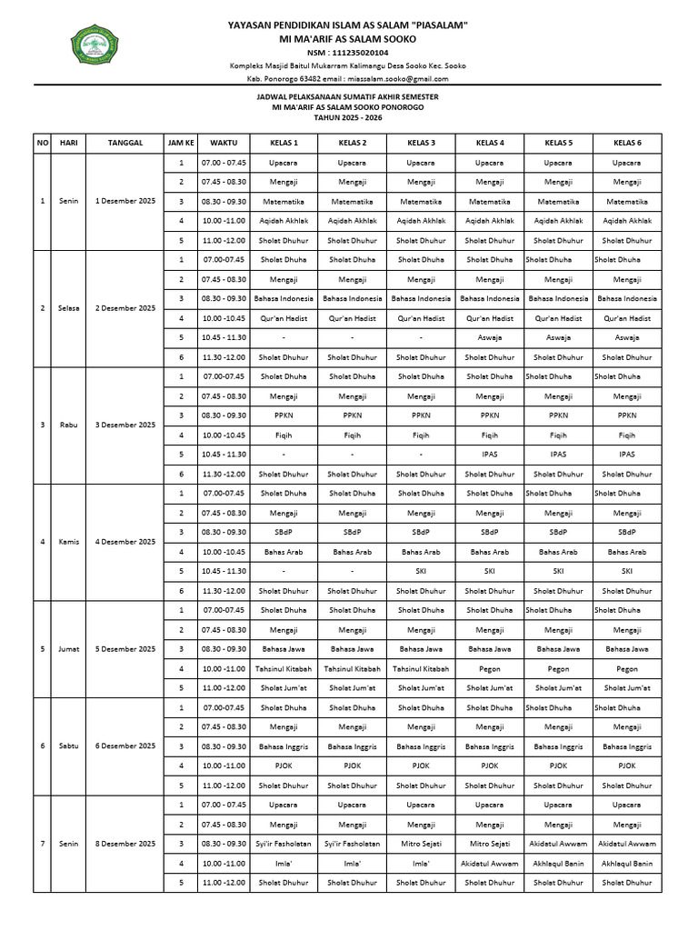 Jadwal Sas Ganjil 2025-2026 | PDF