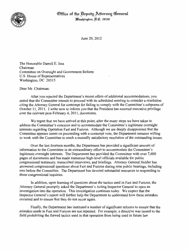 Executive Privilege Letter | Executive Privilege | Eric Holder