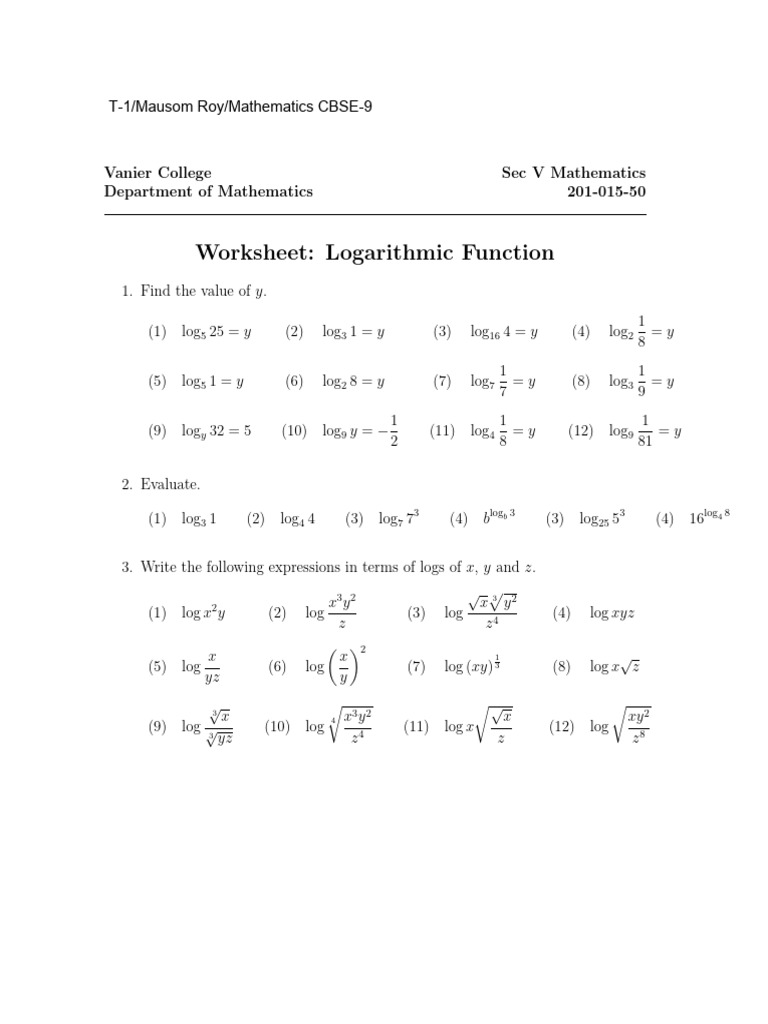 Logarithmic Functions Worksheet | PDF | Logarithm | Combinatorics