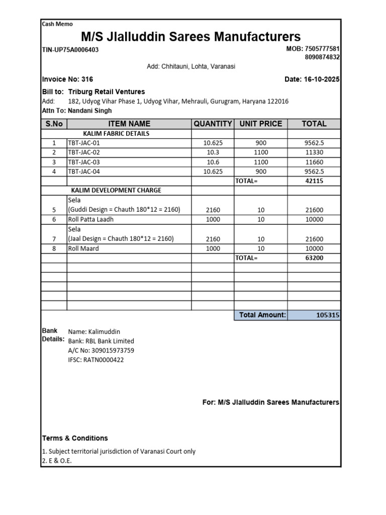 Invoice 316 for Jlalluddin Sarees | PDF