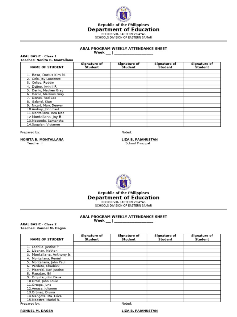 ARAL Program Weekly Attendance Sheets | PDF