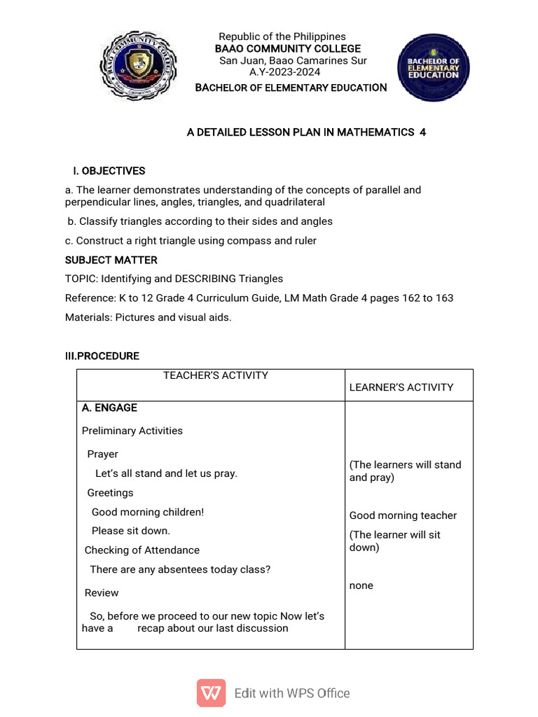 Detailed Math Lesson Plan: Triangles | PDF | Triangle | Elementary Geometry