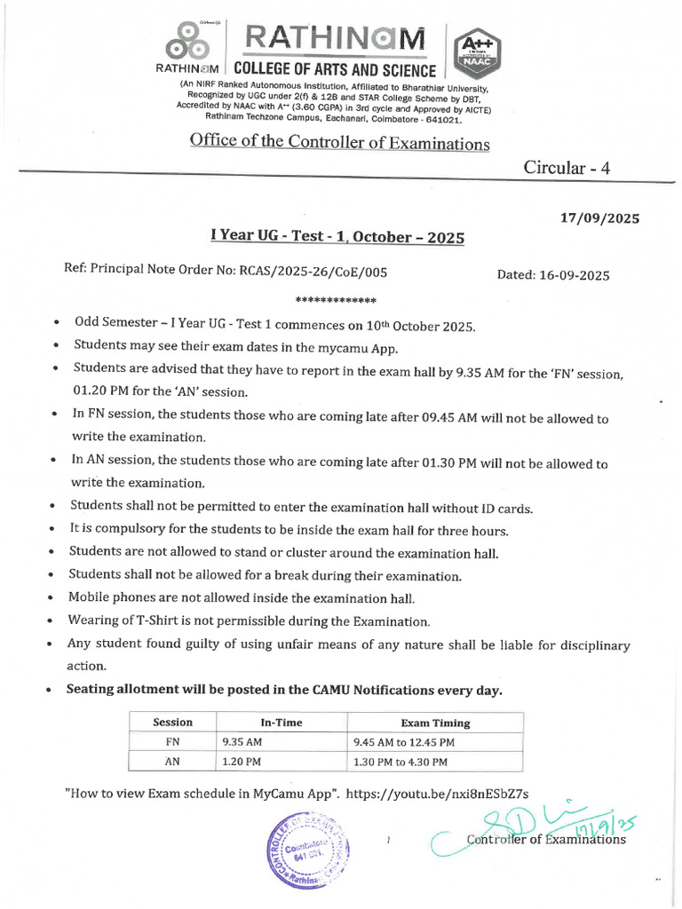 CoE Circular - 4 - I Year UG - Test 1 | PDF