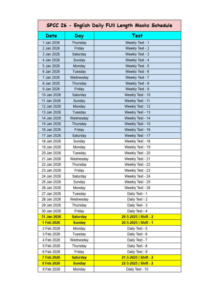 SPCC 26 English Mock Test Schedule | PDF