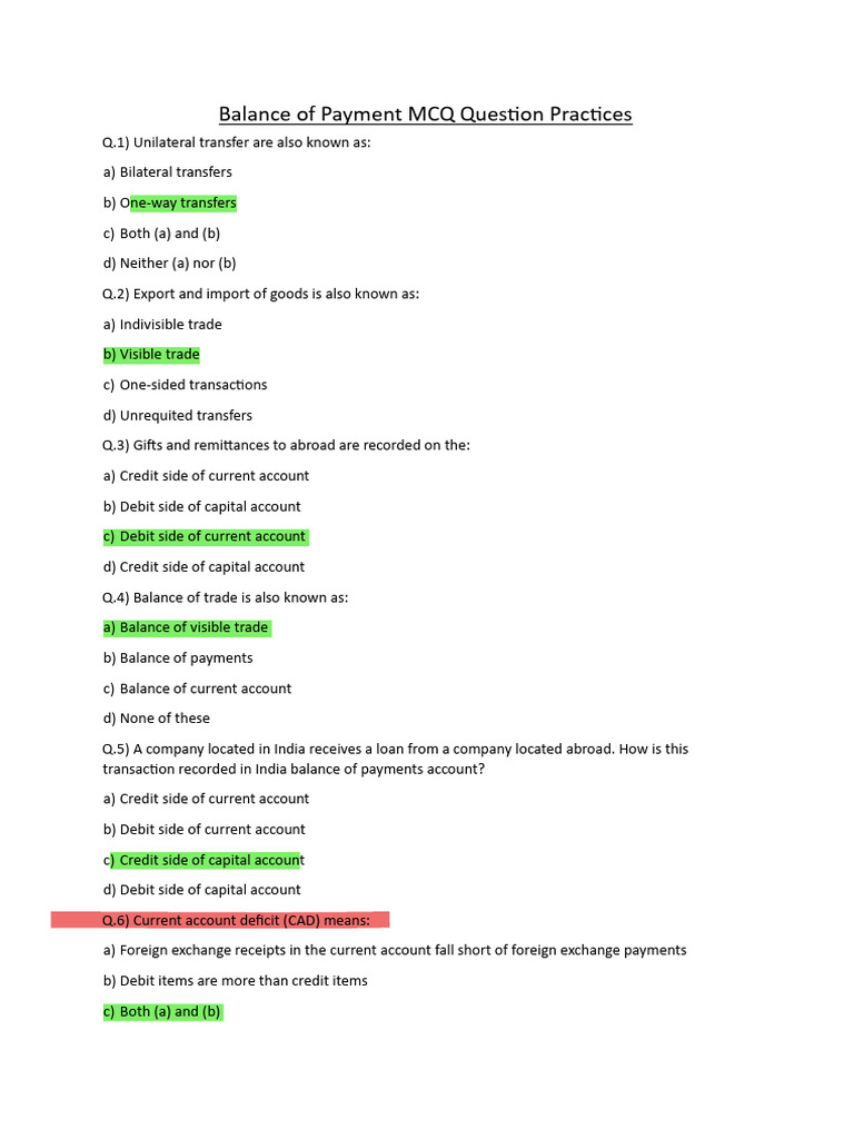 Balance of Payments MCQ Practice Questions | PDF | Balance Of Payments ...