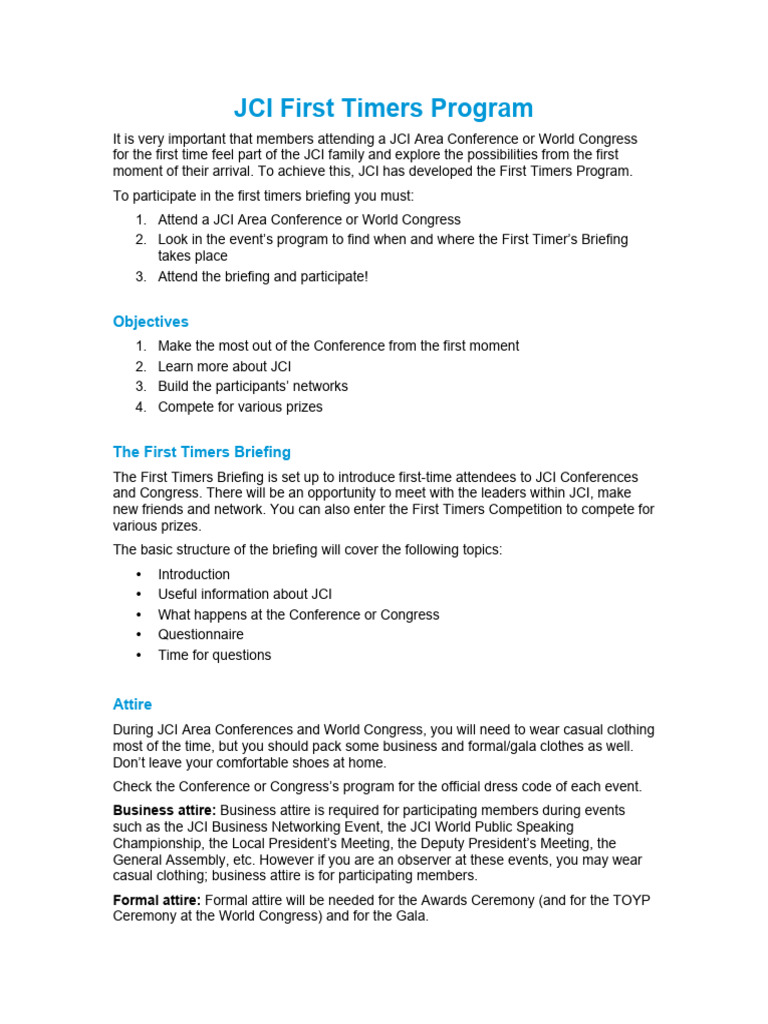 JCI First Timers Program | PDF | Public Speaking | Clothing