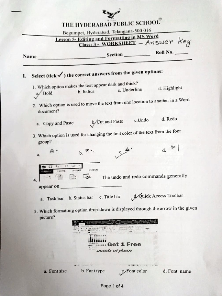 Cls3 - Lesson5 - Editing and Formatting in MS Word - Worksheet Answer ...