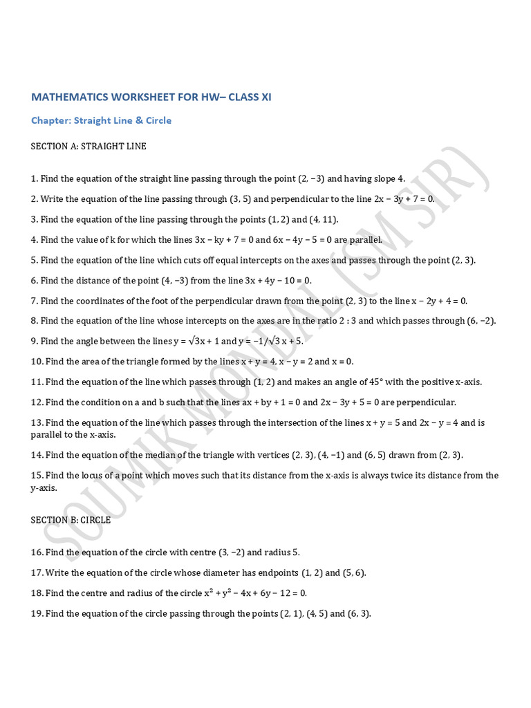 Class XI Math Worksheet: Lines & Circles | PDF | Circle | Line (Geometry)