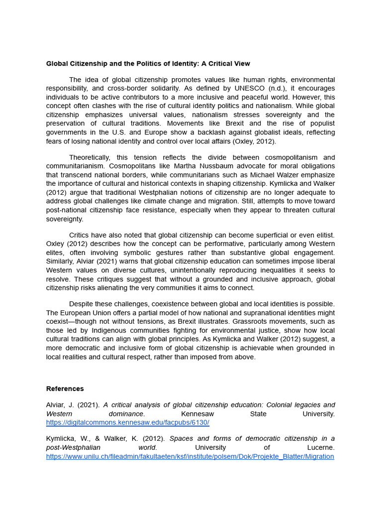 Global Citizenship and The Politics of Identity - A Critical View | PDF ...