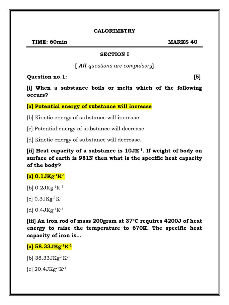 Calorimetry Exam Questions and Answers | PDF | Heat | Heat Capacity