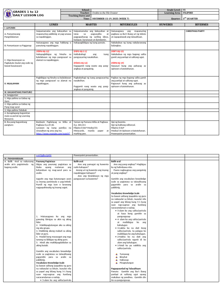 DLL - Filipino 6 - Q3 - W7 | PDF