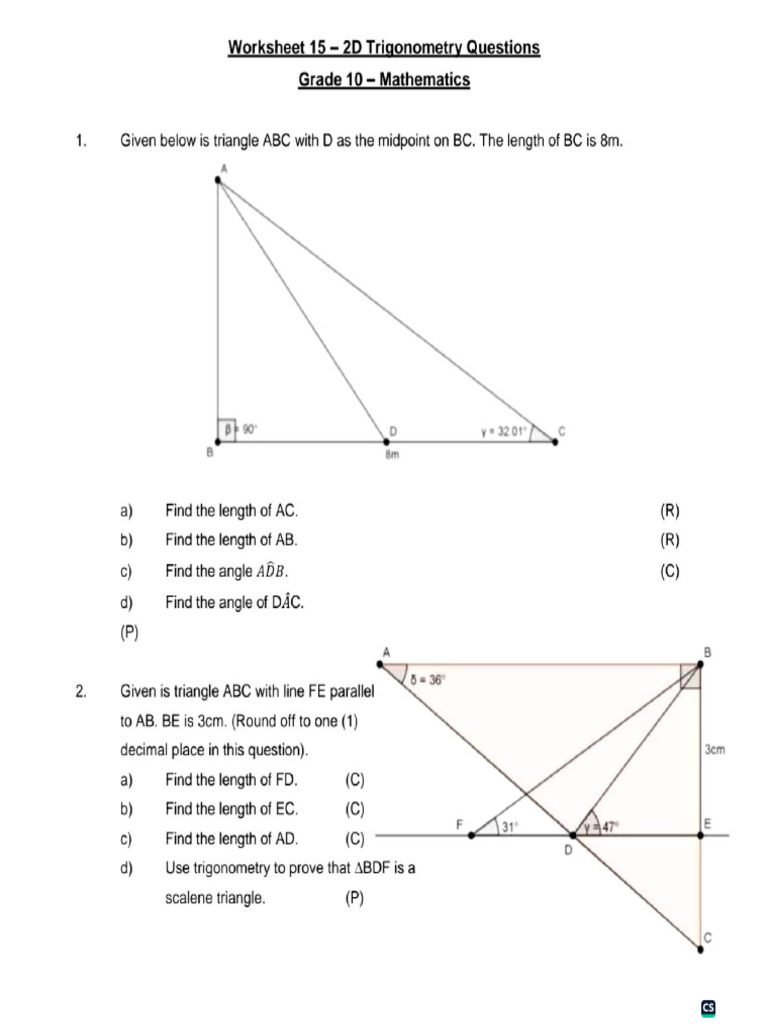 Worksheet 15 2D Trigonometry Questions for Grade 10 Mathematics | PDF
