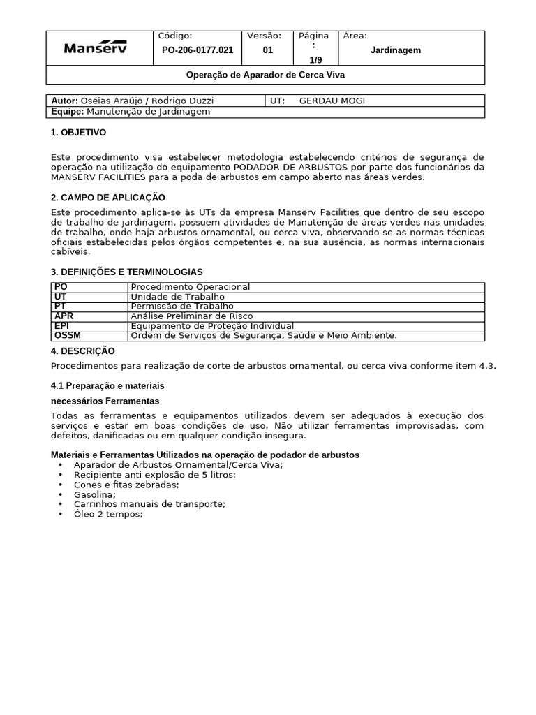 PO-206-0177.021- Operação de Apador de Cerca Viva (1) | PDF | Motores ...