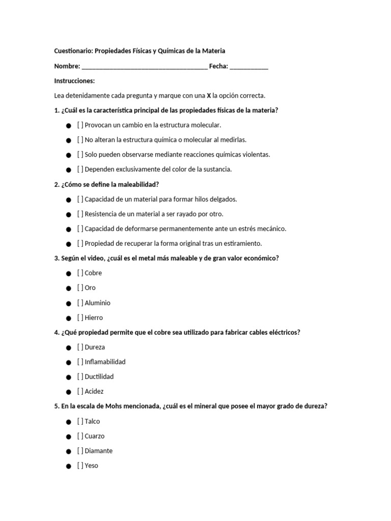 Cuestionario sobre Propiedades de la Materia | PDF | Sustancias ...