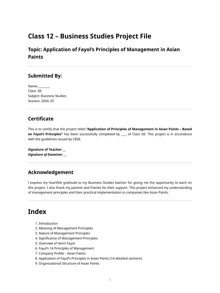 Asian Paints Fayol 40page Project | PDF | Business | Economies