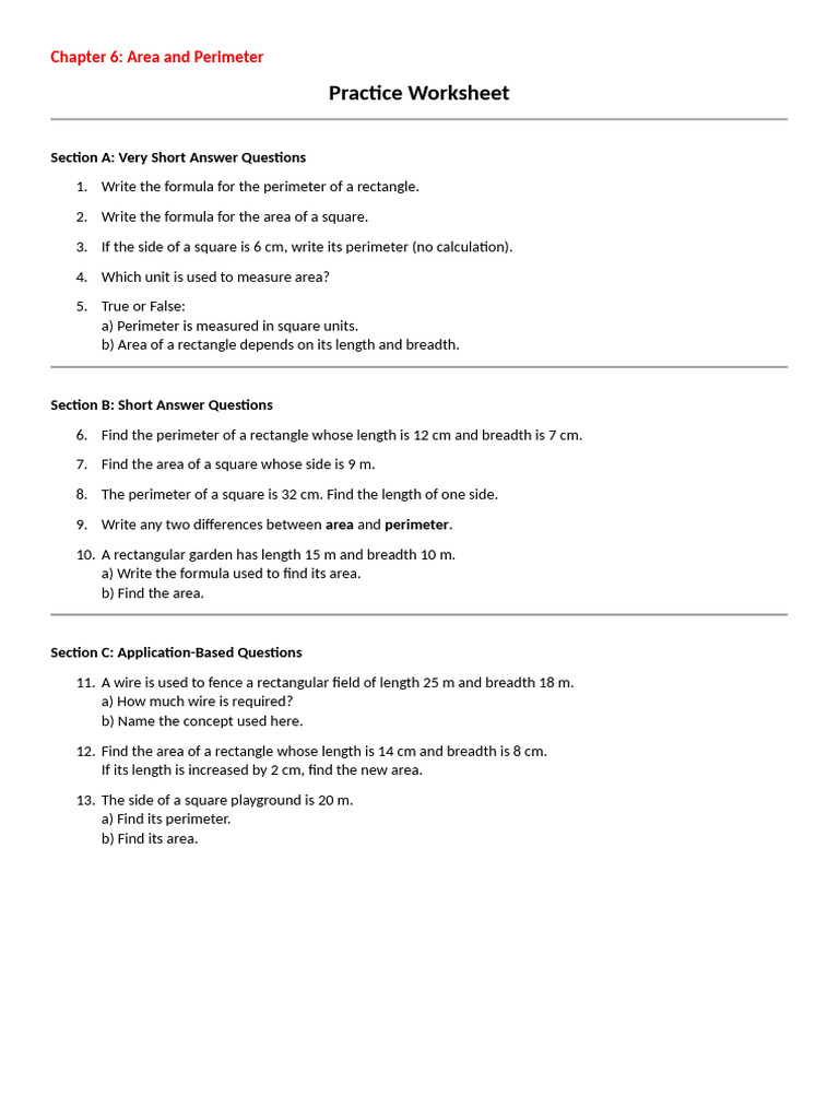 Area and Perimeter Practice Worksheet | PDF