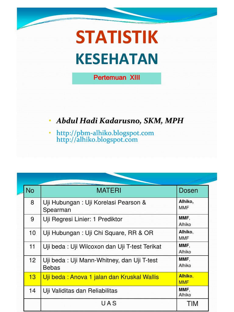 Statistik Kesehatan - Slide XIII - Uji Beda Parametrik (Anova 1 JLN ...