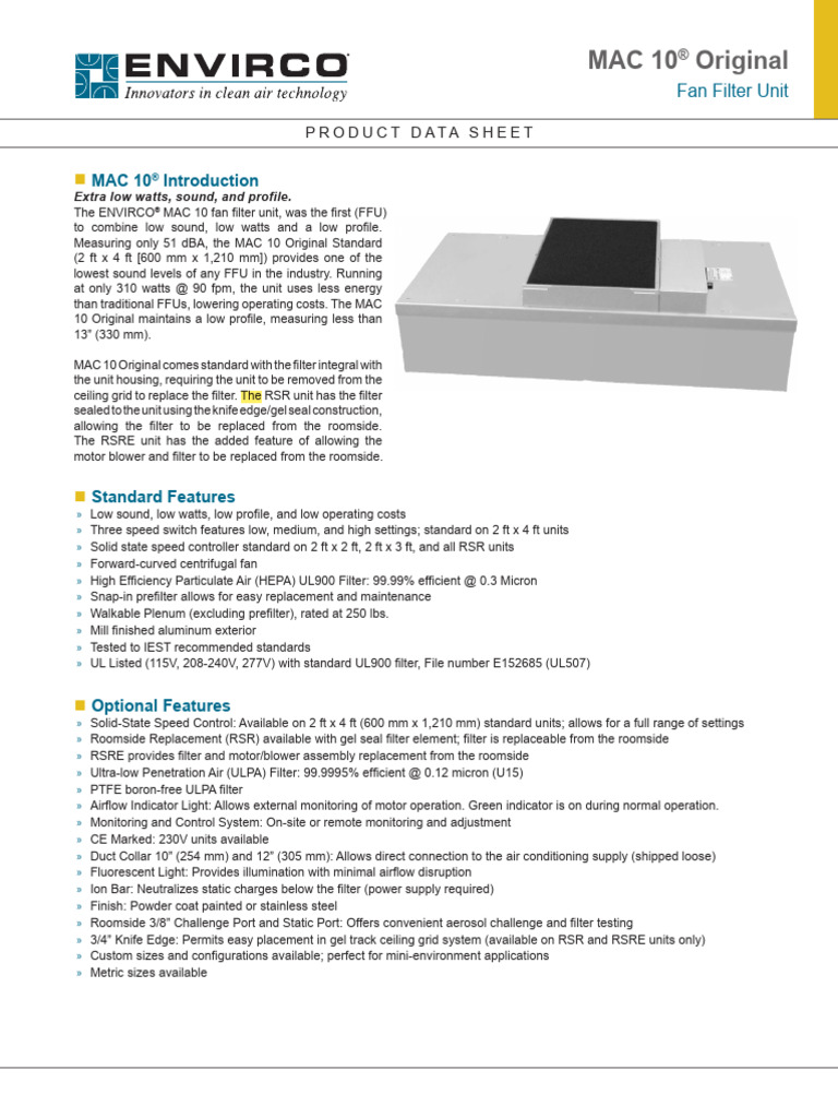 MAC 10® Fan Filter Unit Overview | PDF | Equipment