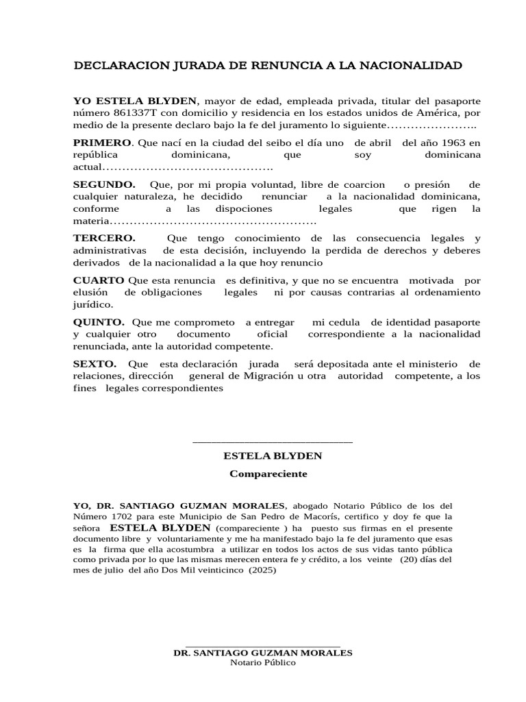Declaracion Jurada Estela Blyden Bernardo | PDF