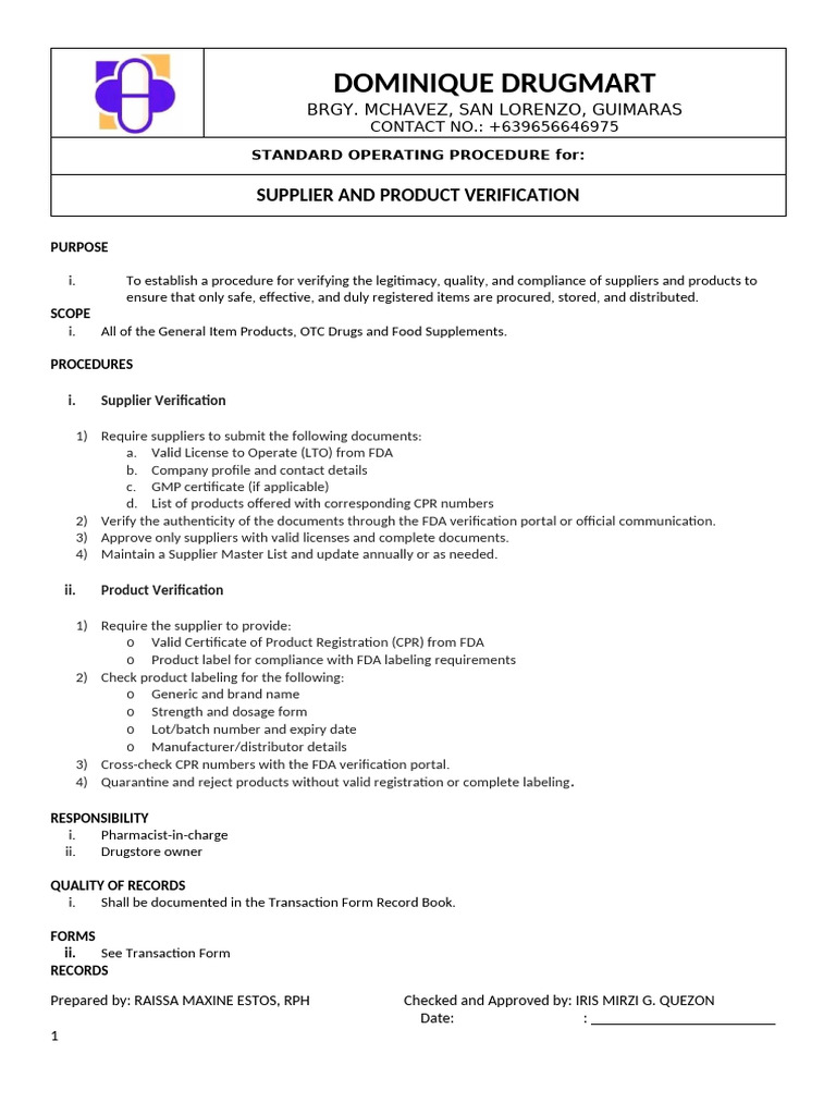 Supplier and Product Verification SOP | PDF | Food And Drug ...