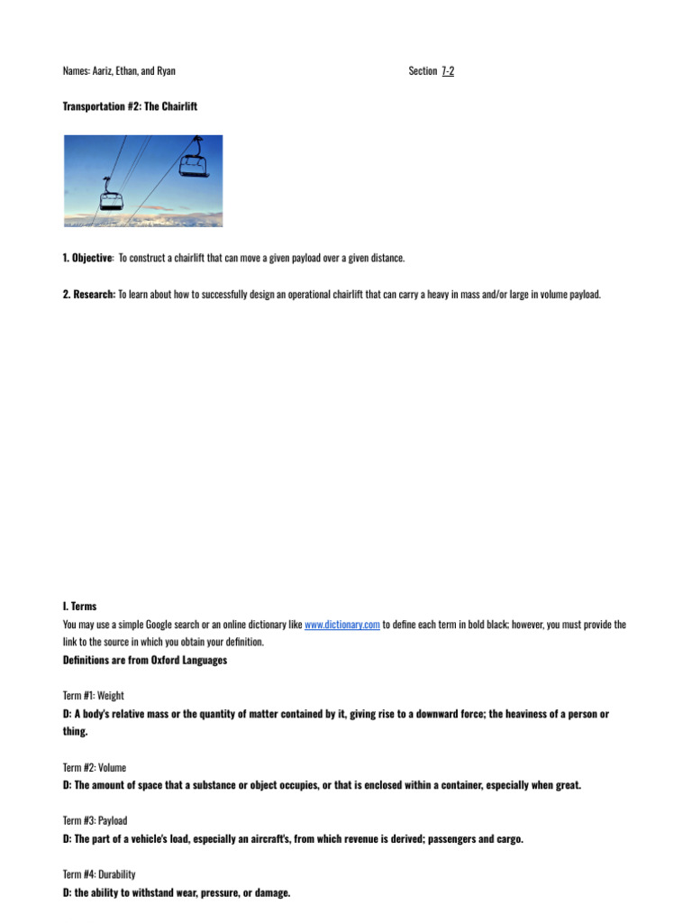 Transportation #2 - The Chairlift Aariz, Ethan, Ryan | PDF | Force ...
