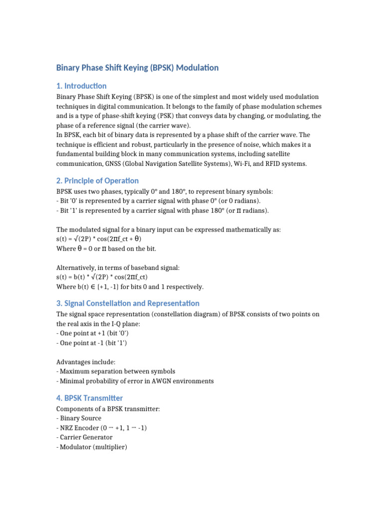 BPSK Modulation: Principles and Applications | PDF | Electrical ...