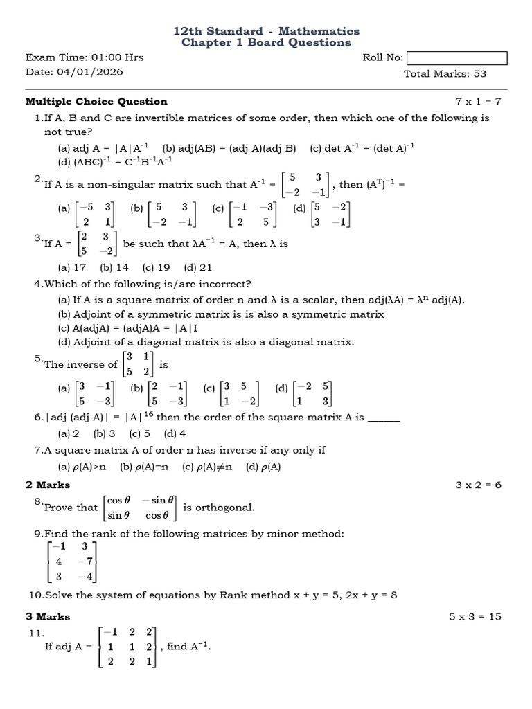 12th Math Board Exam Questions | PDF | Matrix (Mathematics ...