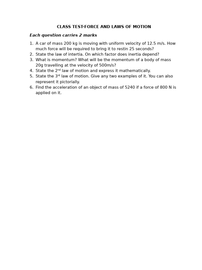 Class Test-Force and Laws of Motion | PDF