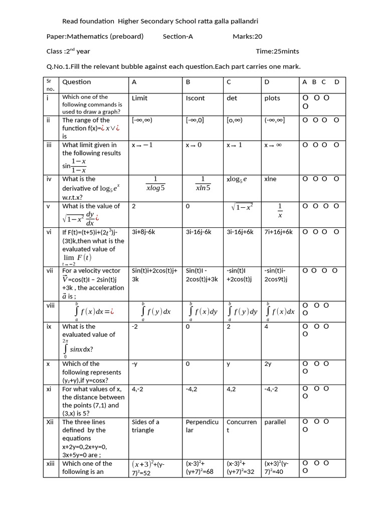2nd Year Preboard Math | PDF | Mathematical Physics | Geometry
