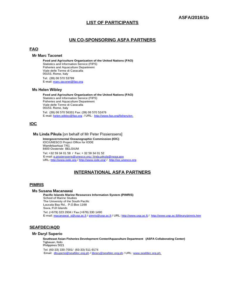 ASFA Partners Participant List 2016 | PDF | Hydrography | Oceanography