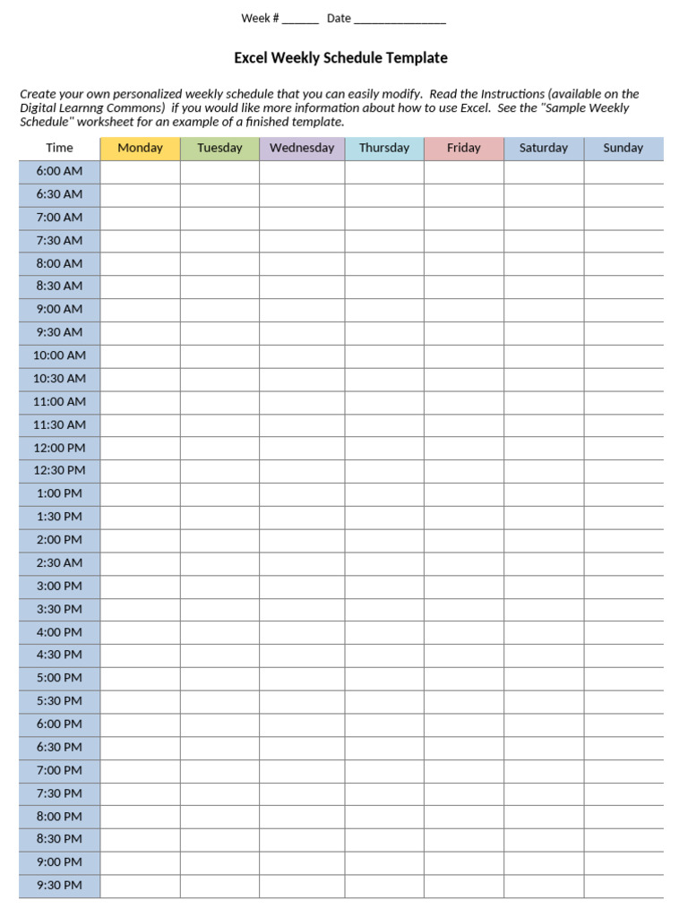 Customizable Excel Weekly Schedule Template | PDF