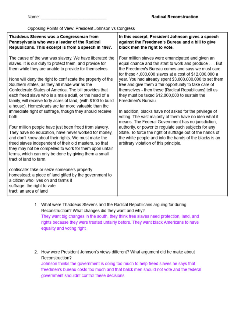 Congressional Reconstruction Handout | PDF | Reconstruction Era ...