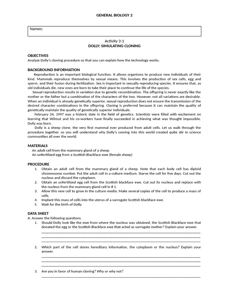 Cloning Procedure: Dolly the Sheep | PDF | Sexual Reproduction | Cloning