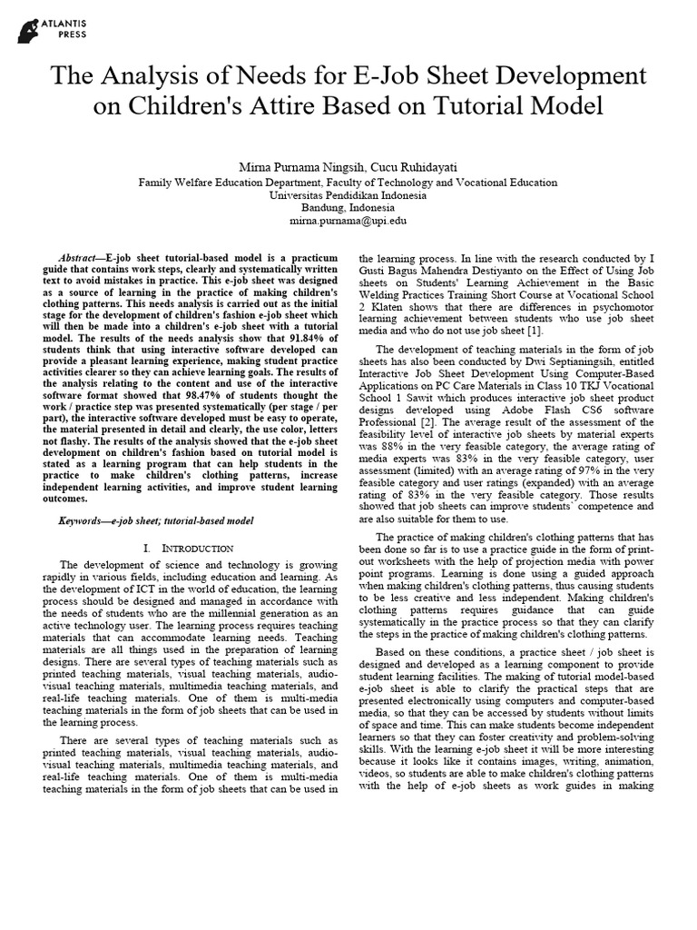 The Analysis of Needs For E-Job Sheet Development On Children's Attire ...