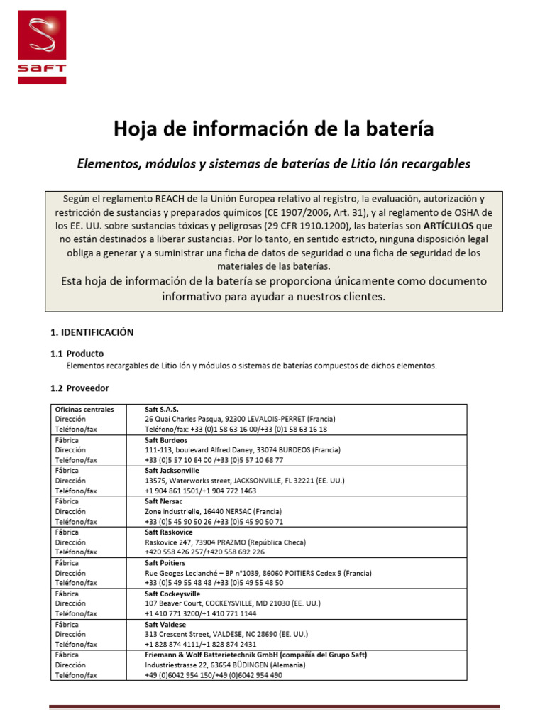 Battery Information Sheet Li-ion_ES_V2.0_protected | PDF | Agua | Vapor