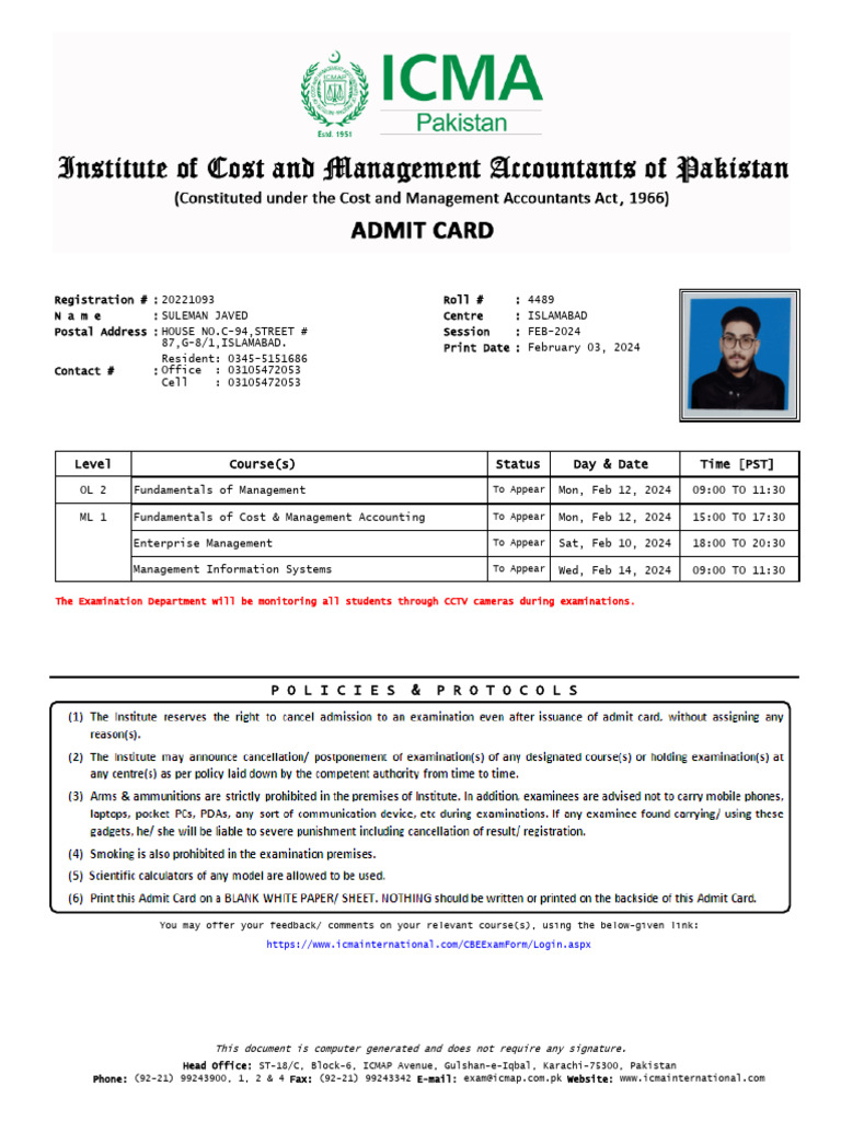 February 2024 Exam Schedule for ICMAP | PDF