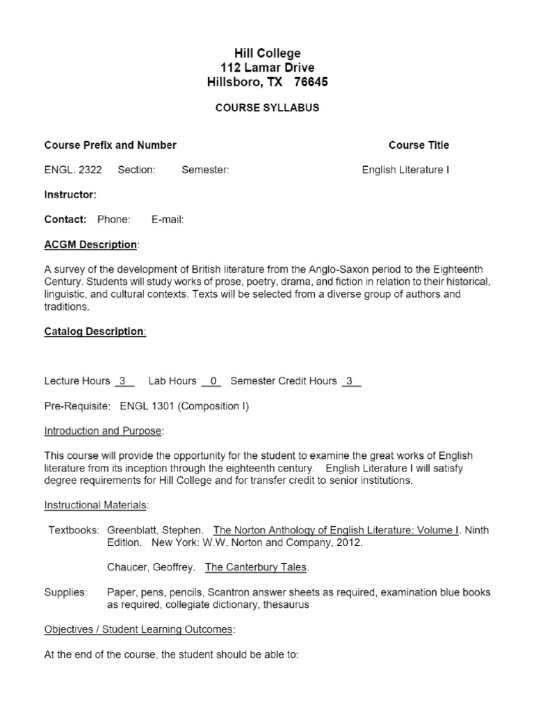 British Literature I Course Outline | PDF
